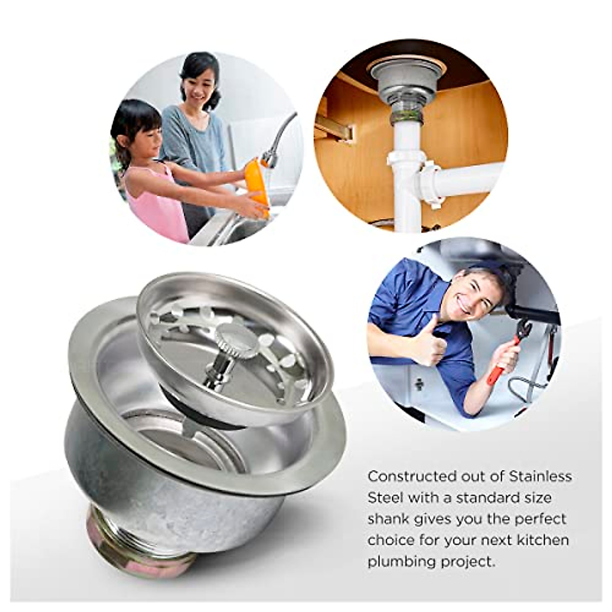 Highcraft 9753 Kitchen Sink (3-1/2 Inch) Stainless Steel Drain Assembly with Strainer Basket and Rubber Stopper Long Extended Shank (3-3/4 Inch)