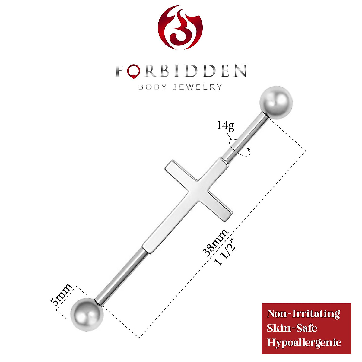Forbidden Body Jewelry 14g 38mm (1.5 Inch) Surgical Steel Sideways Cross Industrial Piercing Barbell