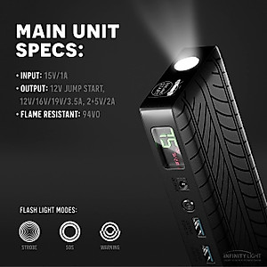 Infinity Light Jump Starter Battery Pack – 1000Amp 18,000mAh 12V Car Portable Battery Booster Pack Power Bank – 2 in 1 USB Charger with LCD Display, LED Light Emergency Warning Mode, 6L Gas/4L Diesel