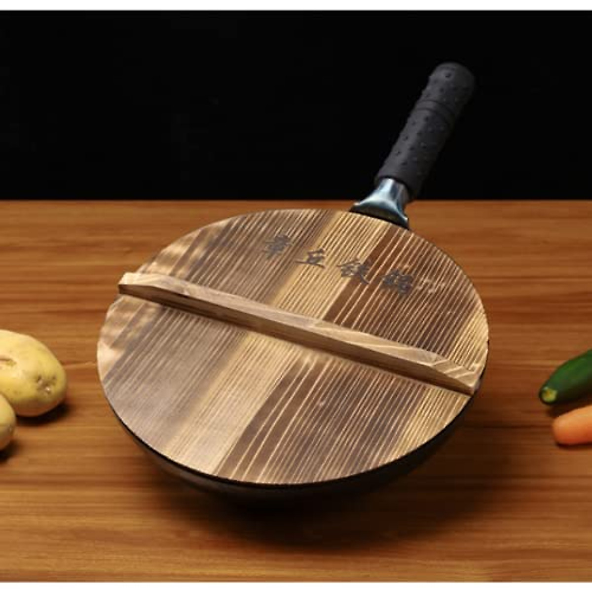 shuoguoleilei Chinese Hand Hammered Iron Woks Set, Non-stick No Coating Preseasoned Wok Blue Round Bottom Wok Pan For Electric, Induction and Gas Stoves （Blue Black-14）