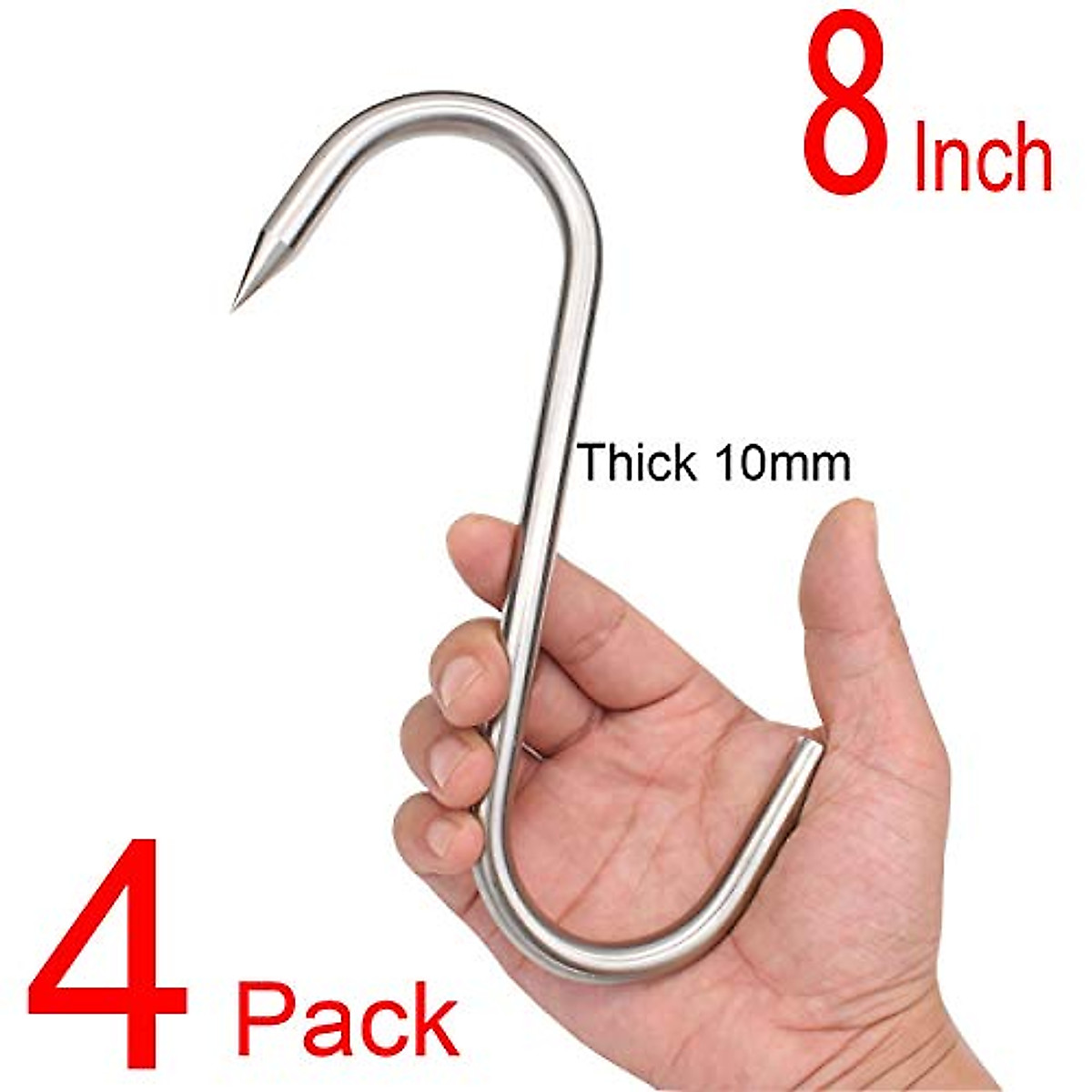 Alele 8 Inch Meat Hook 10mm Heavy Duty Stainless Steel Butcher Hooks for Hanging Beef (Meat Hook 10mm 8inch 4p)