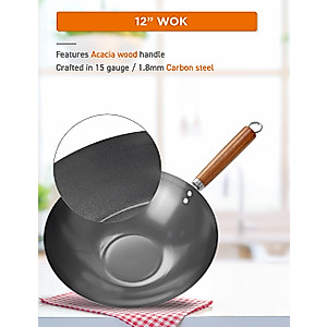 Commercial CHEF 12" Carbon Steel Wok with Acacia Wood Handle, Non Stick Stir Fry Pan with Ceramic Coating, Safe for Any Cooktop or Grill, Lighter and Cools Faster than Cast Iron