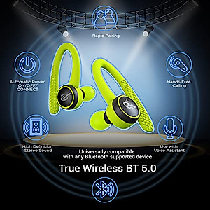 Sky High Logic True Wireless Earbuds with Charging Case - Bluetooth 5.0 Headphones with Ear Hook - Environment Noise Canceling, Waterproof for Fitness, Calls Sky7 Green