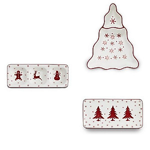 Euro Ceramica Winterfest Dinnerware Snacking & Serving Holiday Bundle – 1 Piece Chip and Dip Tree Platter + 1 Piece Three-Section Divided Platter + 1 Piece Appetizer Tray