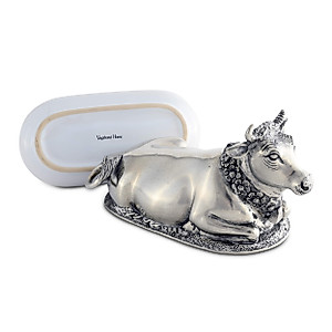 Vagabond House Pewter Metal Mabel the Cow Covered Butter Cream Cheese Dish Container Keeper Heirloom Quality with Stoneware Tray Base 8.5 inch Long