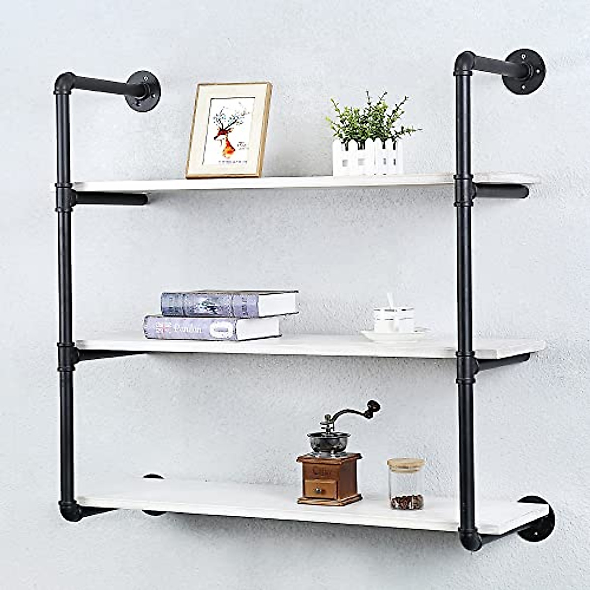 Industrial Pipe Shelving Wall Mounted,36in Rustic Metal Floating Shelves,Steampunk Real Wood Book Shelves,Wall Shelf Unit Bookshelf Hanging Wall Shelves,Farmhouse Kitchen Bar Shelving(3 Tier)