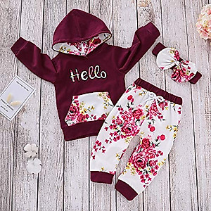 Camidy 1-5T Baby Girls Toddler Floral Hoodies Hooded Tops + Pants + Headband 3Pcs Outfits Clothes Set Purplish Red