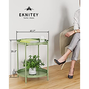 EKNITEY 2 Tier End Table - Metal Side Table Waterproof Small Sofa Coffee Side Tables Bedroom Indoor Outdoor with Removable Tray for Living Room Bedroom Balcony and Office (Atrovirens)