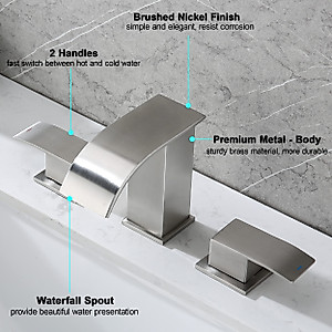 Brushed Nickel Waterfall Bathroom Faucet for Sink 3 Hole - Widespread, 2-Handles 8 Inch Modern Faucet for Bathroom Sink, Vanity Faucet with cUPC Supply Lines