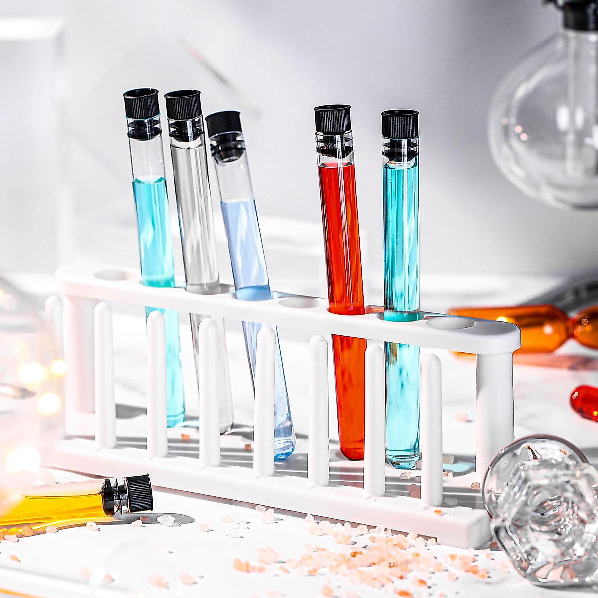 Saysurey 2 Sets Test Tubes with Rack, 16 Pcs Clear Plastic Test Tubes with Caps and 2 Pcs 8 Holes Test Tube Holder with 8 Drying Pins Test Tubes with Stand for Scientific Experiment Nurse Party Favors