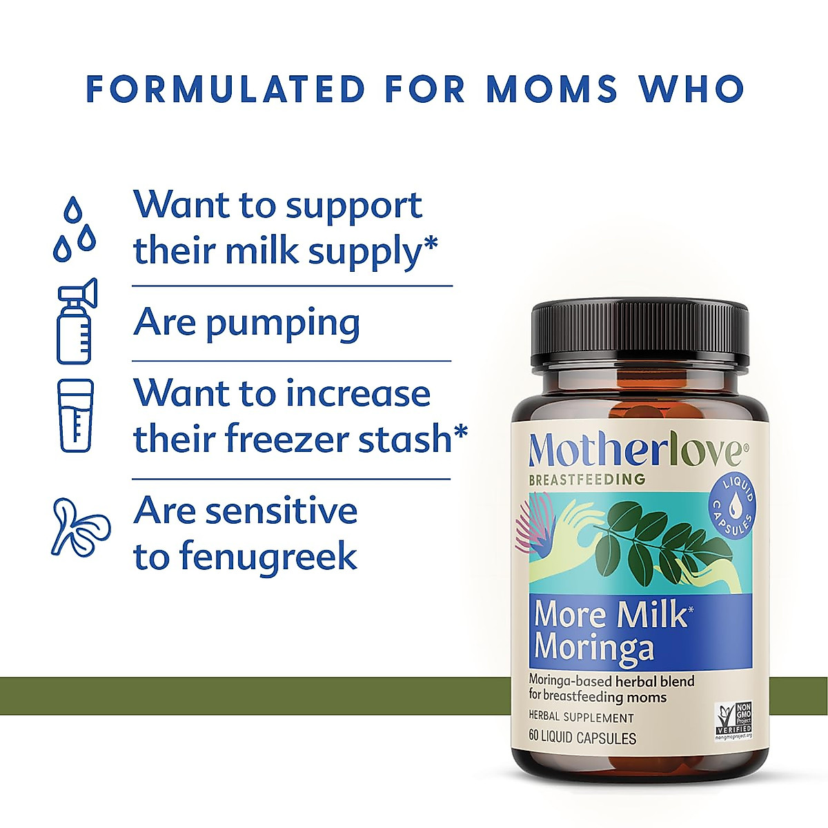 Motherlove More Milk Moringa (60 Liquid caps) Moringa-Based Lactation Supplement to Support Breast Milk Supply—Non-GMO, Organic Herbs, Vegan, Kosher
