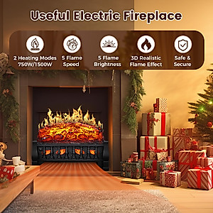 21 Inches Electric Fireplace Insert Log Heater Set, Freestanding Heater with Adjustable Flame Brightness and Flicker Speed, 750w/1500w Heating, Overheat Protection, Remote Control
