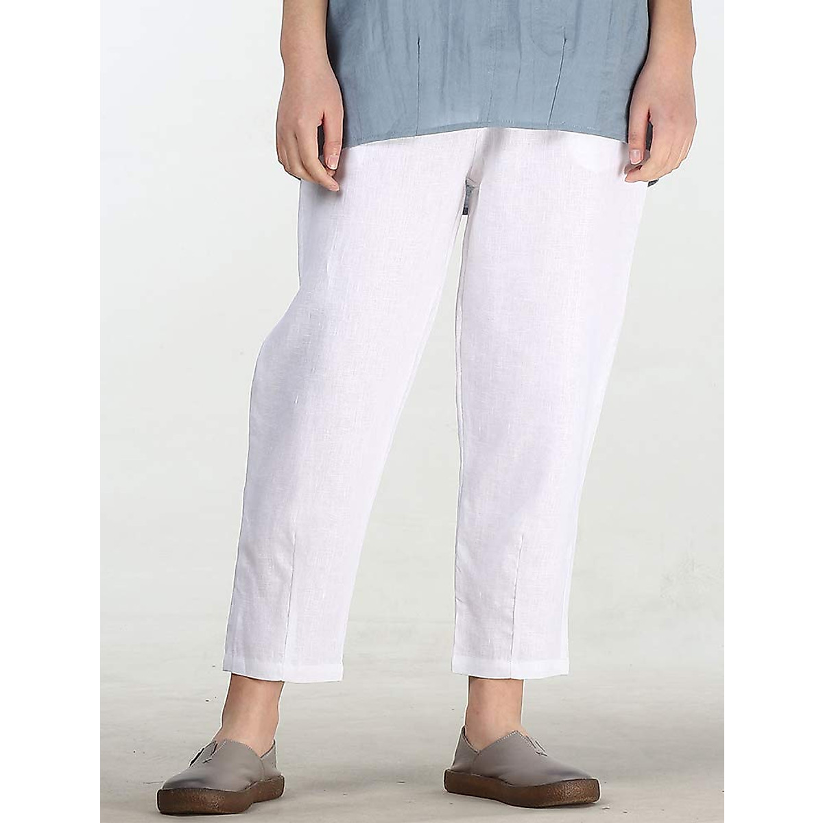 LaovanIn Women's Linen Cropped Pants Tapered Ankle Capris Trousers Elastic Waist Large White