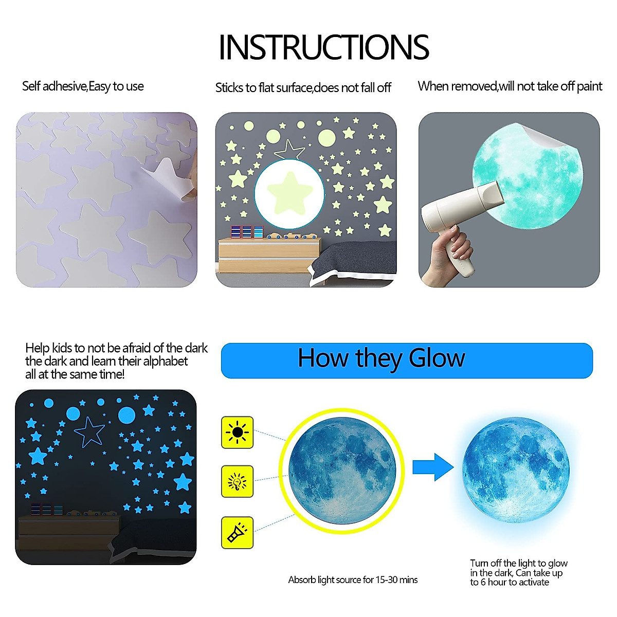 Glow Stickers in The Dark Stars Moon Elfin Unicorns Dots 1597 PCS Set Self-Adhesive Glow in The Dark Stickers for Room Ceiling Wall Decals Kids Party Decoration