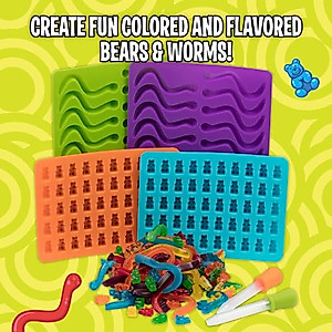 Gummy Bear & Worm Silicone Candy Molds, 4 Pack Set - Nonstick Trays with 2 Droppers for Chocolate, Ice Cubes, BPA-Free -Makes up to 62 Candies -Summer Camp Birthday Gift