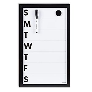 U Brands Framed Magnetic Weekly Calendar Dry Erase Board, Office Supplies, Black Frame, with Marker, Magnet, 11” x 18”