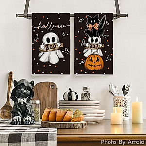 Artoid Mode Black Cat Pumpkin Ghost Halloween Kitchen Towels Dish Towels, 18x26 Inch Bats Jack-O'-Lantern Decoration Hand Towels Set of 2