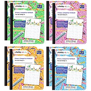 Ashby for Kids - 8 Pack - Primary Composition Notebooks (Grades K-2) with Stitched Binding for Durability - 4 Fun Marbled Hardcover Colors (2 Each of Blue, Green, Pink & Orange), 100 Sheets, Book Dimensions are 9.75" x 7.5".
