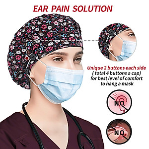 ABAMERICA Bouffant Caps with Button and Sweatband, Adjustable Scrub Caps for Women Men, Satin Layer