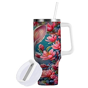 White Rabbit Pink Flowers 40 Oz Tumbler, Stainless Steel Cups with Lid, Tumbler for Men