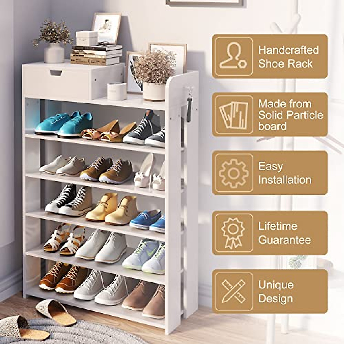 Waktavel 5 Tiers Vertical Shoe Rack with Hook, Wooden Shoe Rack Organizer with Open Top Free Standing Shoe Storage Stand for Entryway Hallway