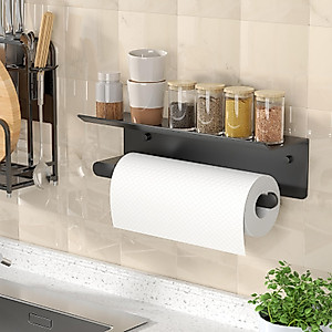 Paper Towel Holder, Aheucndg Wall Mount Paper Towel Holder, Paper Roll Holder with Shelf for Kitchen or Bathroom, Self-Adhesive or Drill Mounting (Black)