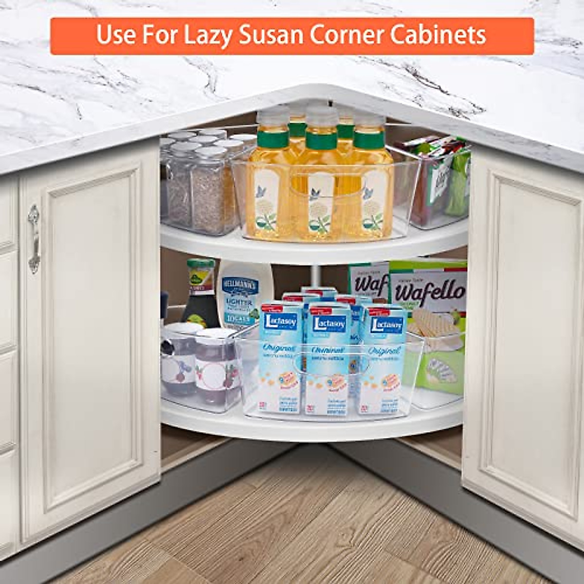 SOKOSEY Lazy Susan Organizer 10.2"x 9.4"x4" for 26" Diameter Corner Lazy Susan Cabinet, Set of 6 Plastic Clear Lazy Susan Bins, 1/8 Wedge 4" Deep Kitchen Corner Storage Bin