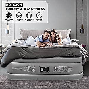 HOTOZON Queen Air Mattress with Built-in Pump, 18" Foldable Air Bed with Carry Bag, Luxury Elevated Inflatable Air Mattresses, Blow Up Airbed for Home, Camping & Guests, Grey