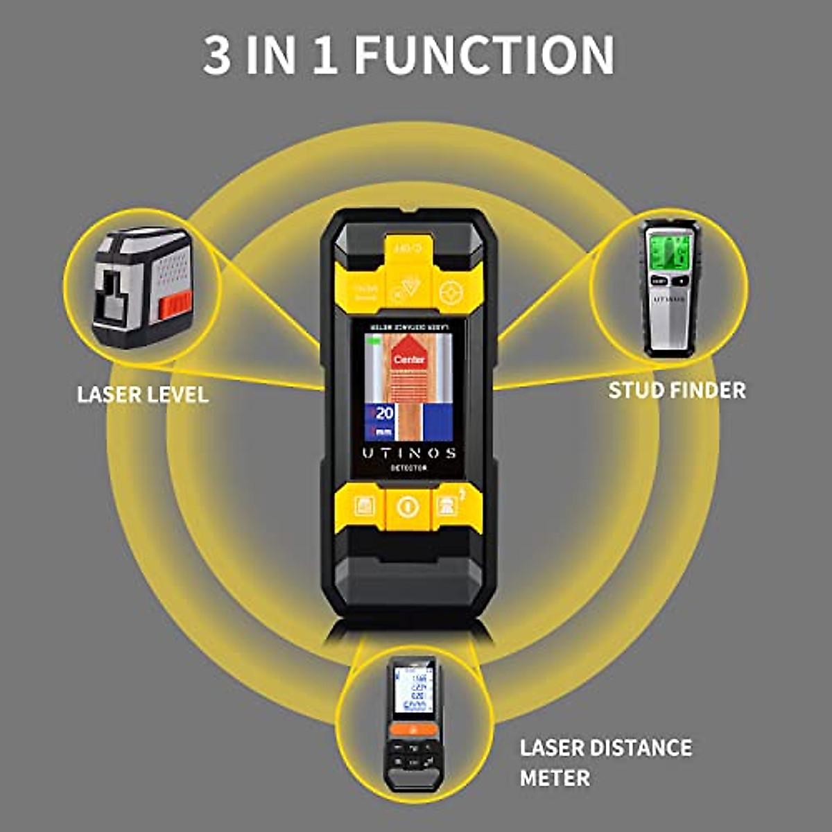 UTINOS 3 in 1 Stud Finder with Laser Level & Laser Measurement Tool Cross Line Laser Level Tool with Rechargable Battery Large Color Backlit Display