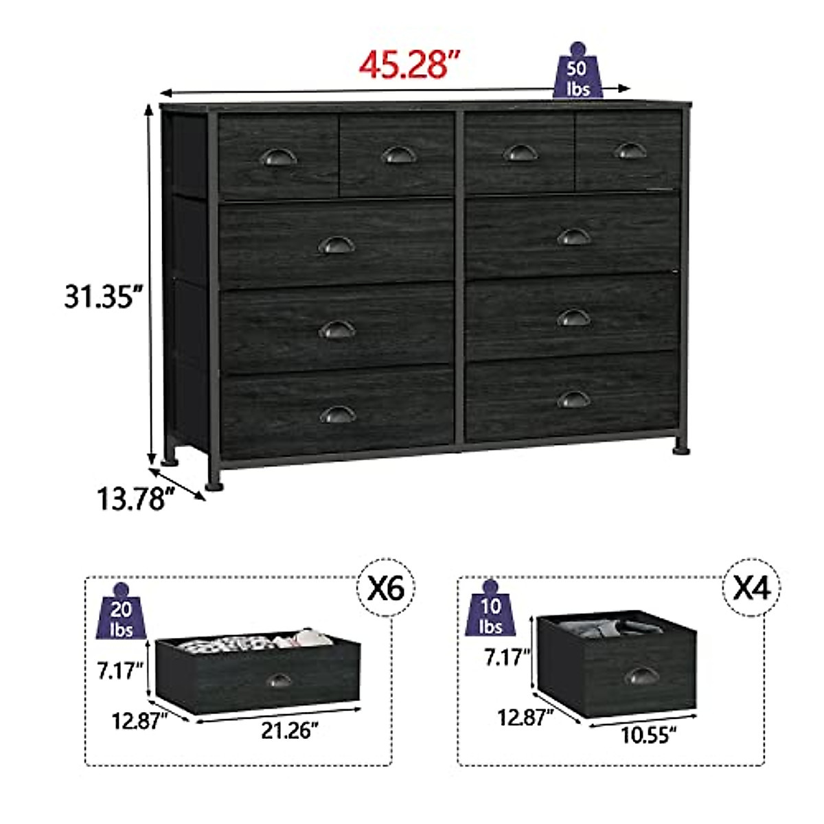 Furnulem 10 Drawer Dresser for Bedroom, Chest of Drawer for 55'' Long TV Stand, Small Nightstand with 3 Fabric Storage Drawers and 2-Tier Shelf