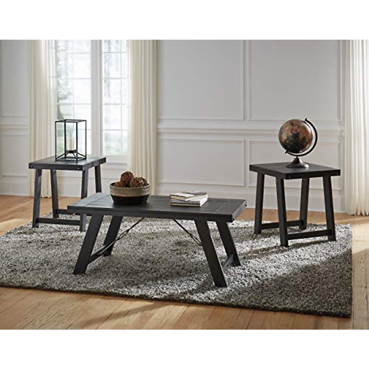 Signature Design by Ashley Noorbrook Farmhouse 3-Piece Table Set, Includes Coffee Table and 2 End Tables, Black