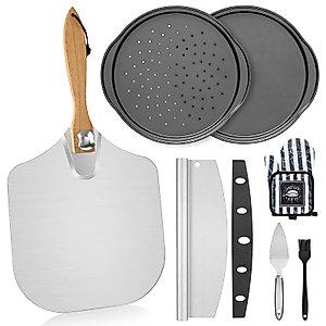 7PCS Foldable Pizza Peel Pizza Pan Set,12" x 14" Aluminum Metal Pizza Paddle with Wooden Handle, Rocker Cutter, Server Set, Baking Oven Mitts, Oil Brushes, Homemade Pizza Oven Accessories