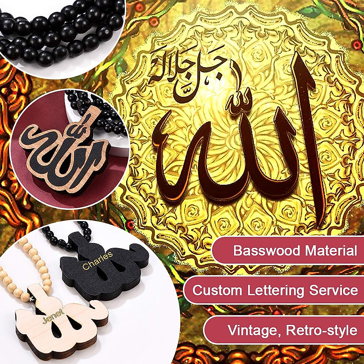 FaithHeart Moslem Jewelry Allah Bead Necklace Mens Wood Bead Chain Jewelry Women Sweater Chains 36 Inches Long Necklaces