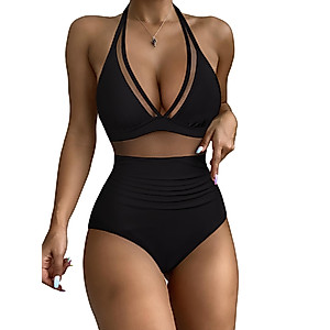 RXRXCOCO Women Sexy V Neck Mesh One Piece Bathing Suit Halter Push Up Tummy Control Swimsuit Swimwear X-Large Black
