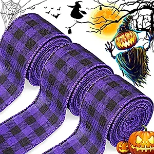 3 Rolls 15 Yards 2 Inches Halloween Plaid Wired Ribbons Buffalo Check Ribbon Fall Rustic Craft Ribbon Assorted Burlap Style Fabric Wrapping Ribbon for Decorations (Black, Purple Plaid)