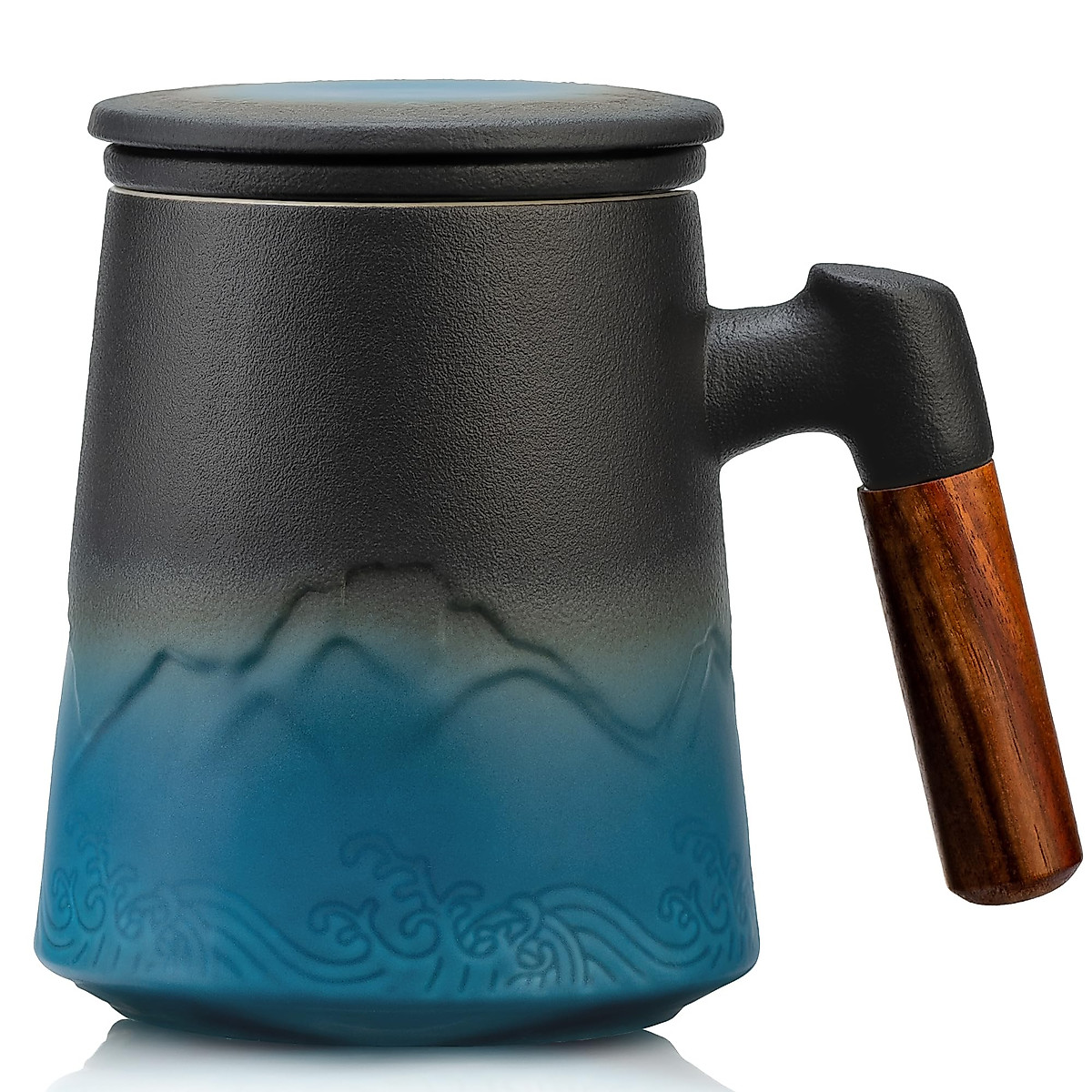 suyika Tea Cup with Infuser and Lid, 15.2 Ounce Wood Handle Ceramic Loose Leaf Tea Mug,Embossed Tea Steeping Mug for Gifts, Gradient Black&Blue 450ml