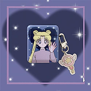 LUCKESSA Girls Women Beautiful Purple Star Sailor Moon Girl Pattern Earphone Case for AirPods 1/2, Soft IMD Sailor Moon Lightweight Rechargeable Earbud Cover Protective Skin +Magic Wand Keychain
