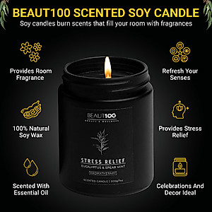 BEAUT100 Stress Relief Candle | Scented Candles for Men & Women | Aromatherapy Candle, Long Lasting Relax Soy Candles for Home | Candles Gift for Women & Men.
