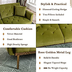 Antetek Velvet Futon Sofa Bed with 3 Adjustable Positions, Small Sleeper Sofa Loveseat with 2 Decorative Pillows, Modern Upholstered Convertible Couch with 5 Metal Tapered Legs (Olive Green)