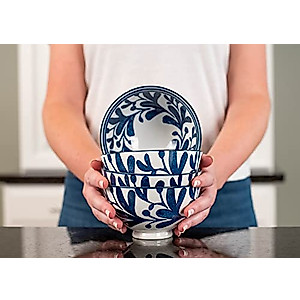 Nat & Jules Leaves White and Blue 18 ounce Ceramic Cereal Ramen Bowls Set of 4