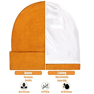 Winter Satin Lined Beanie Hat Silk Lined Beanies Skull Hat Knitted Beanies for Women Men(Yellow, Army Green, Black, Light Grey)