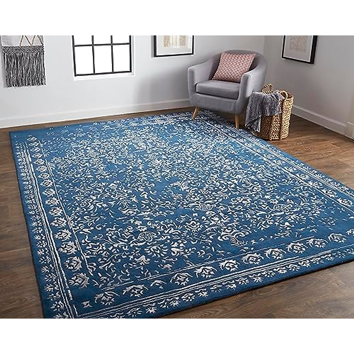 Feizy Bella High/Low Floral Wool Rug, Vallarta Blue/Silver Gray, 8ft x 10ft Area Rug