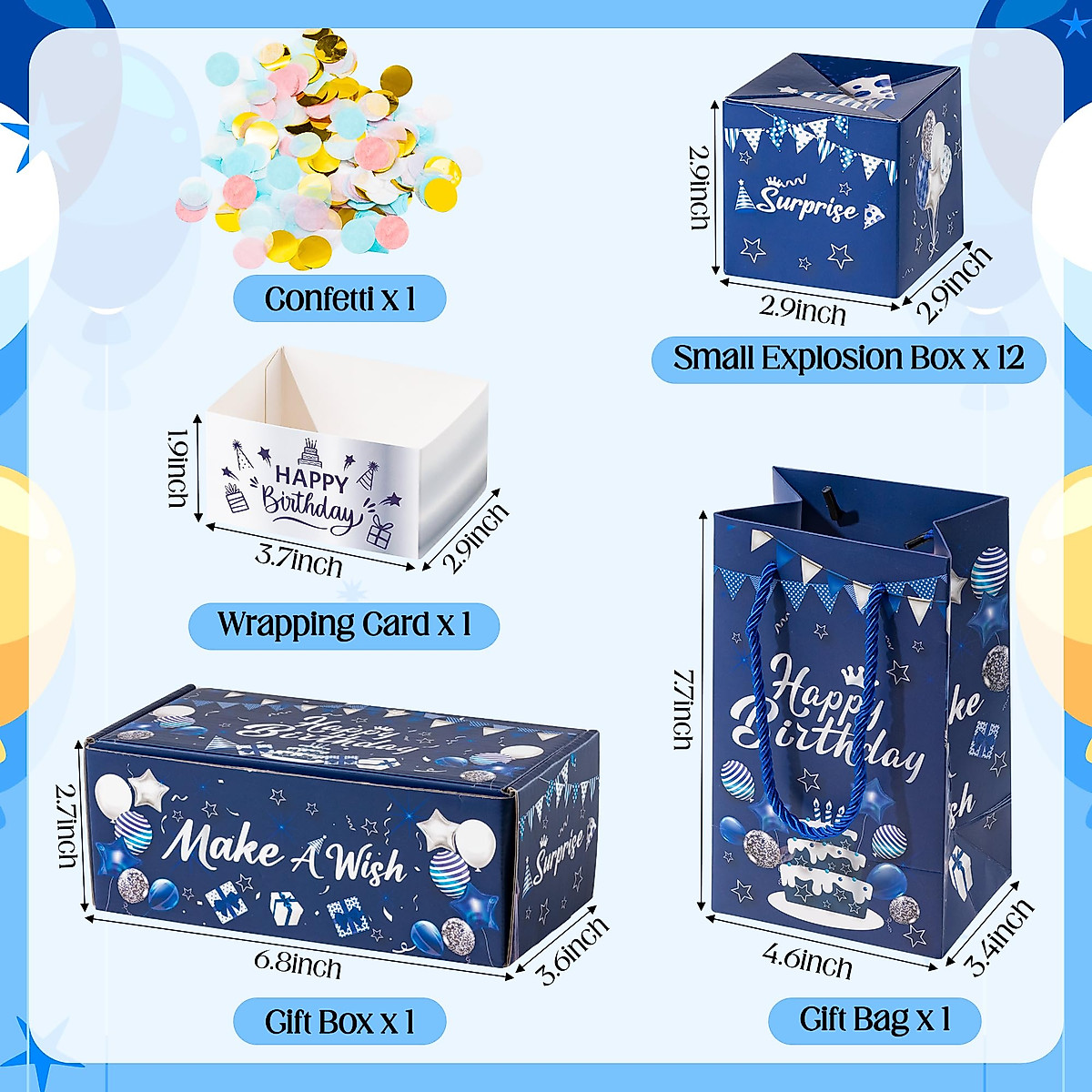 WATINC Surprise Gift Box Explosion - 16pcs Birthday Surprising Gift Boxes Exploding for Money, 12 Bounces Money Boxes Explosion with Confetti, Blue Pop Out Cash Holder for Bday Party Supplies