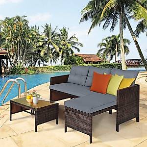 COSTWAY 3PCS Patio Wicker Rattan Sofa Set Outdoor Sectional Conversation Set Lawn Garden Gery
