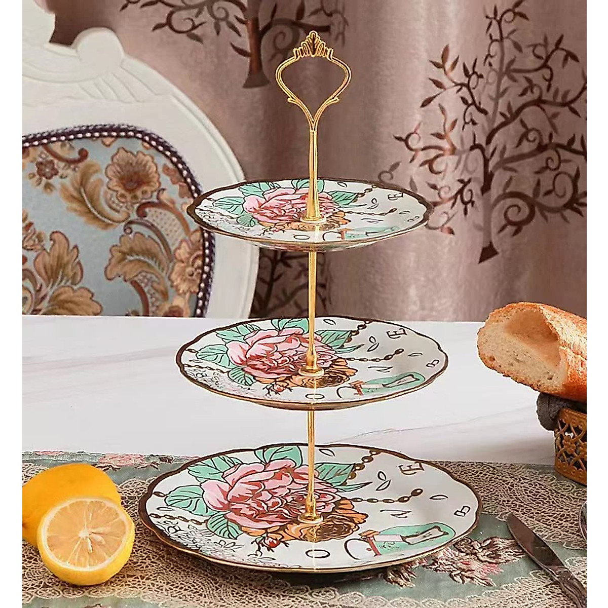 3 Tier Ceramic Vintage Cake Stand with Beautiful Classic Rose Pattern, Food Rack for Displaying Cake Platter