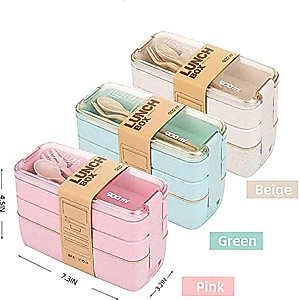 Rarapop 3 Pack Stackable Bento Box Japanese Lunch Box Kit with Spoon & Fork, 3-In-1 Compartment Wheat Straw Meal Prep Containers for Kids & Adults (Green/Pink/Beige)