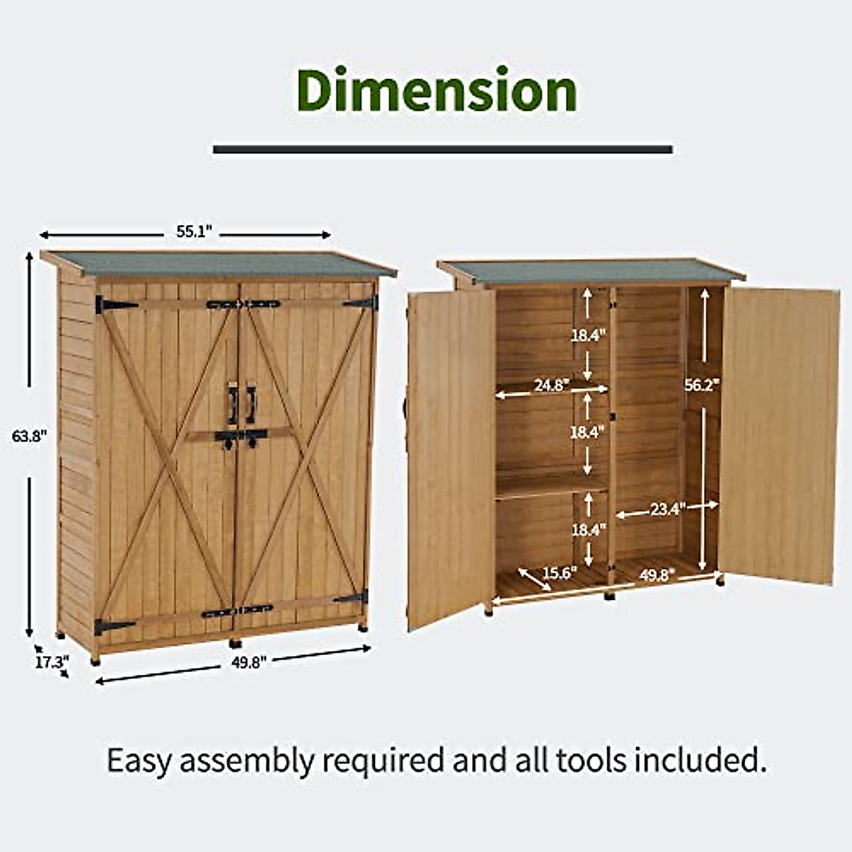 MCombo Outdoor Storage Cabinet, Wood Garden Shed, Outside Tool Shed, Vertical Organizer Cabinet with Double Lockable Doors for Outside, Garden and Yard 1400