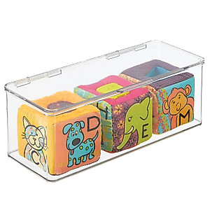 mDesign Plastic Playroom and Gaming Storage Organizer Box Containers with Hinged Lid for Shelves or Cubbies, Holds Small Toys, Building Blocks, Puzzles, Markers, Controllers, or Crayons, 4 Pack, Clear