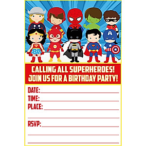 20x Super Hero Kids Birthday Invitations and Envelopes – Fill-in Happy Birthday Party Invitations for Kids, 6X4 Inches, Postcard Style