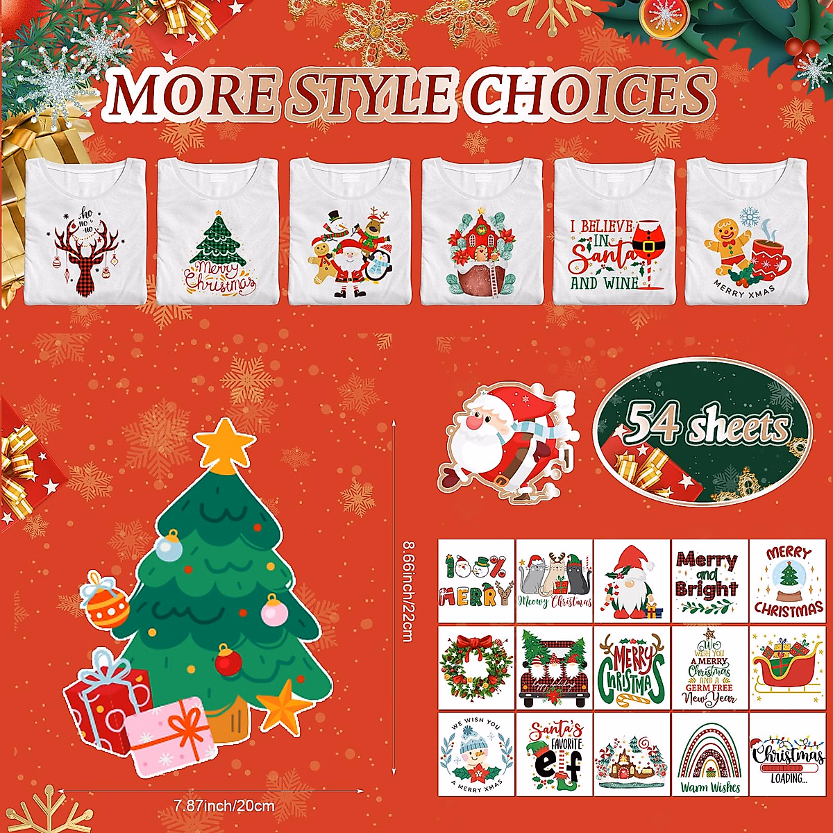 Yeaqee 54 Sheets Christmas Iron on Decals Xmas Patches Appliques Santa Claus Heat Transfer Stickers for T Shirts Iron on Transfers Decal for Jackets Clothes Backpacks Decorations DIY Crafts Party
